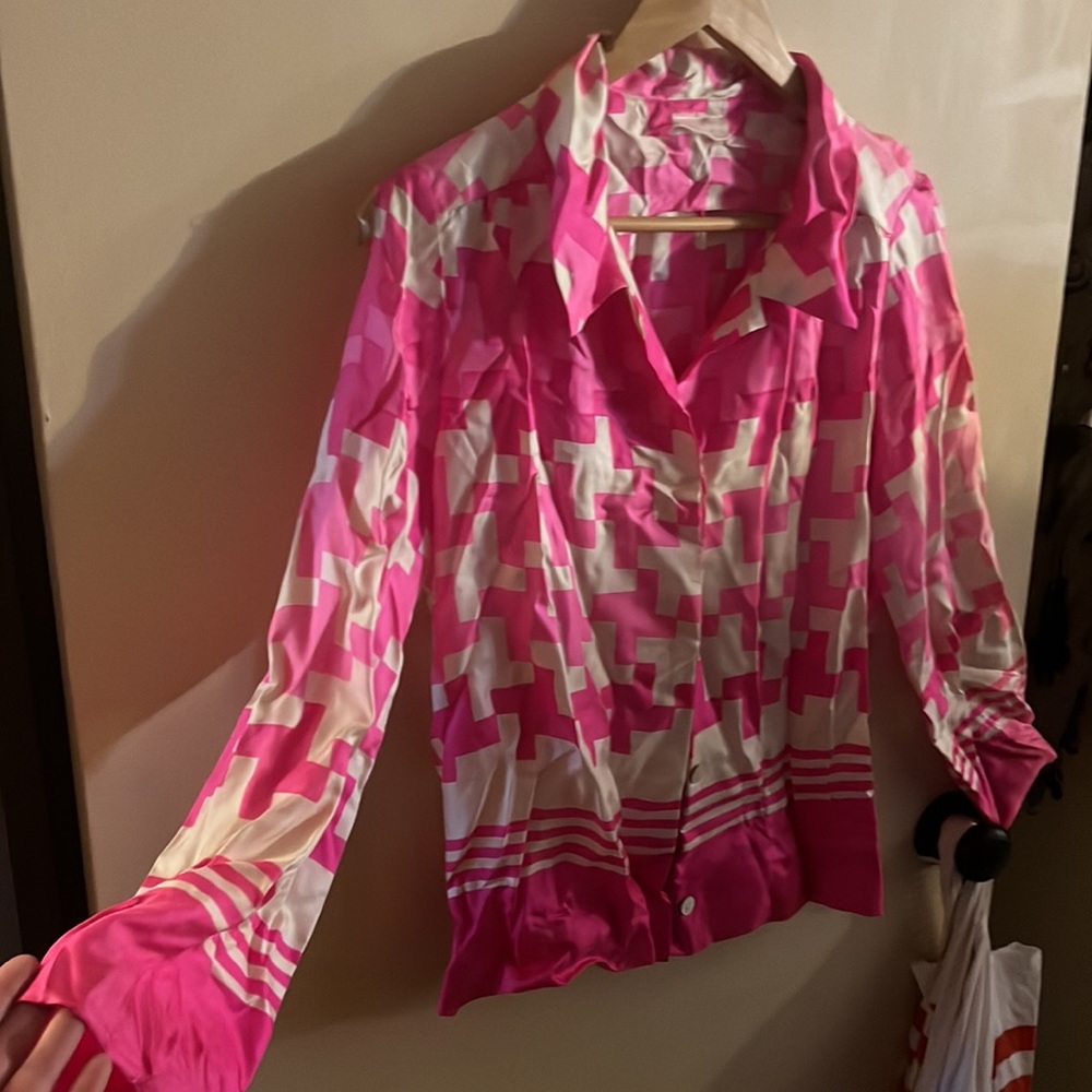 %100 Real Silk Barbie Vintage Hot Pink 70s Blouse Bh … - Gem